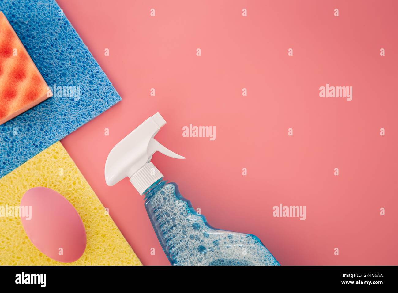 House cleaning products on pink background, flat lay Stock Photo - Alamy