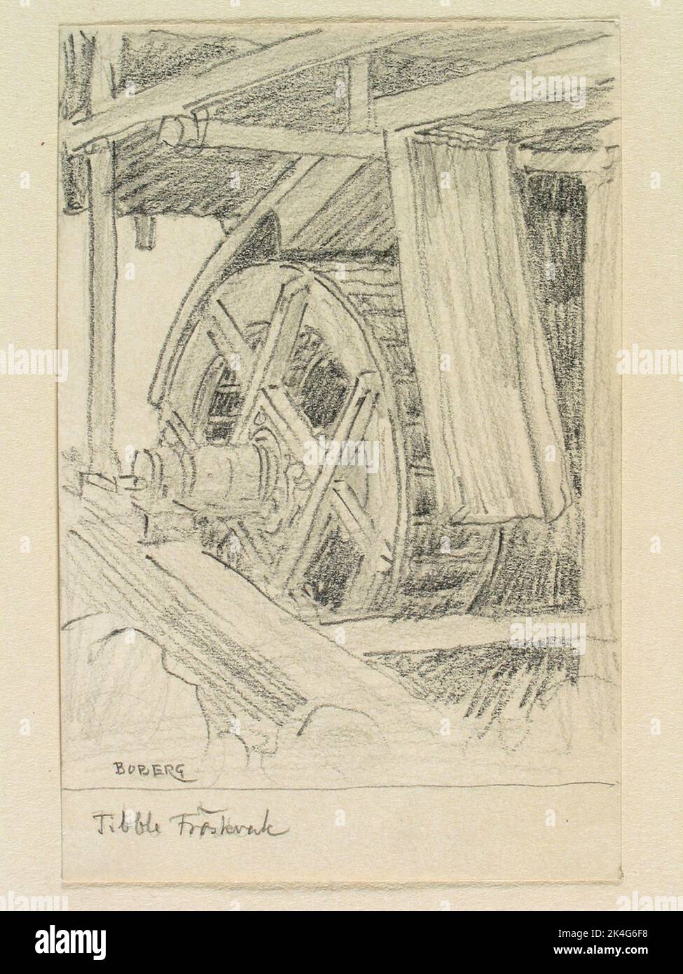 Dalarna, Leksands sn., Tibble. Thresher. Drawing of Ferdinand Boberg ...