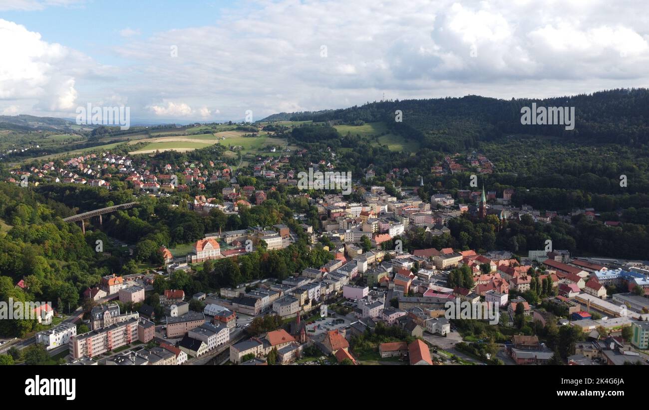 An aerial view of the small Polish city of Nowa Ruda along the ...