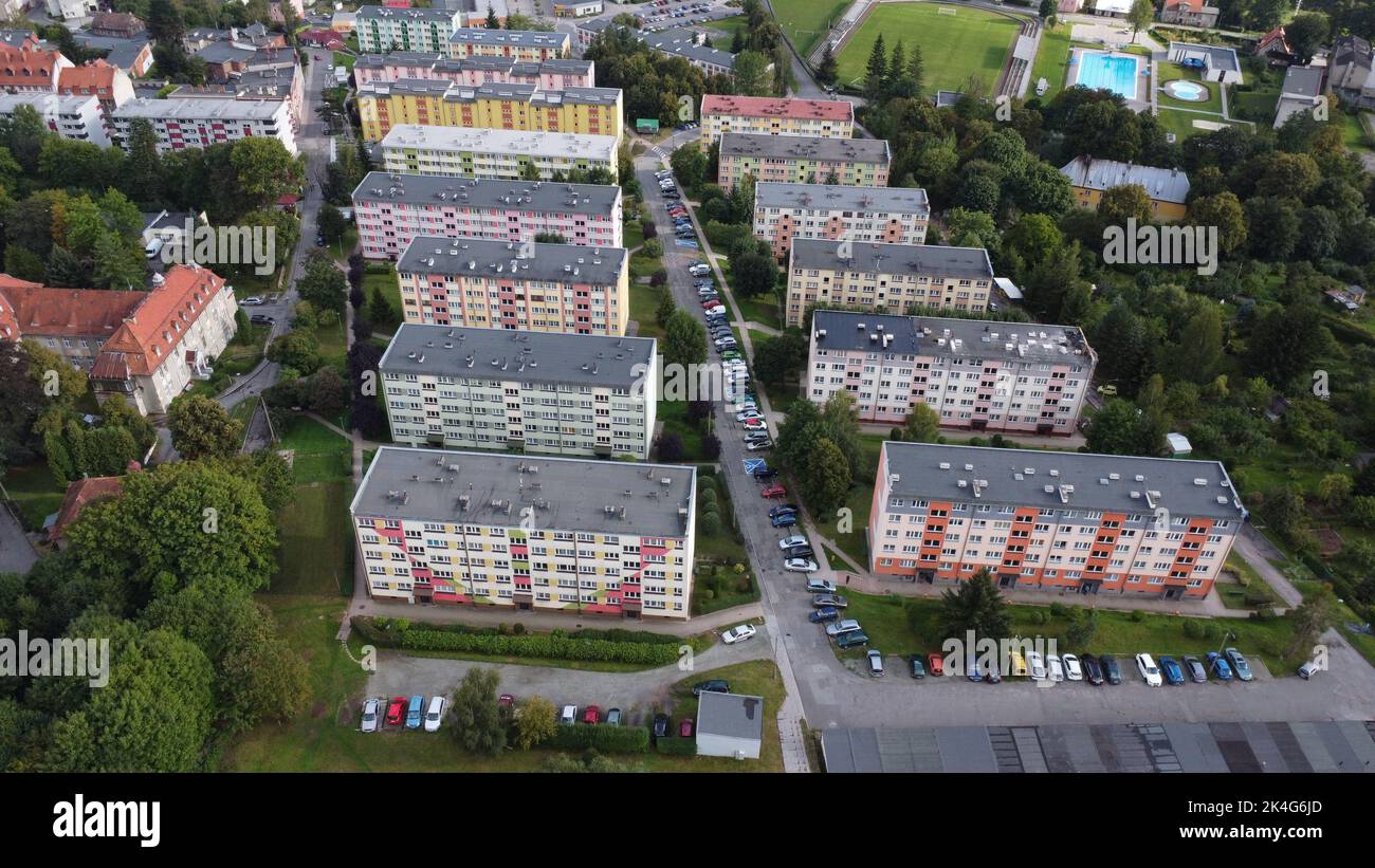 An aerial view of the buildings in the Polish city of Nowa Ruda along ...