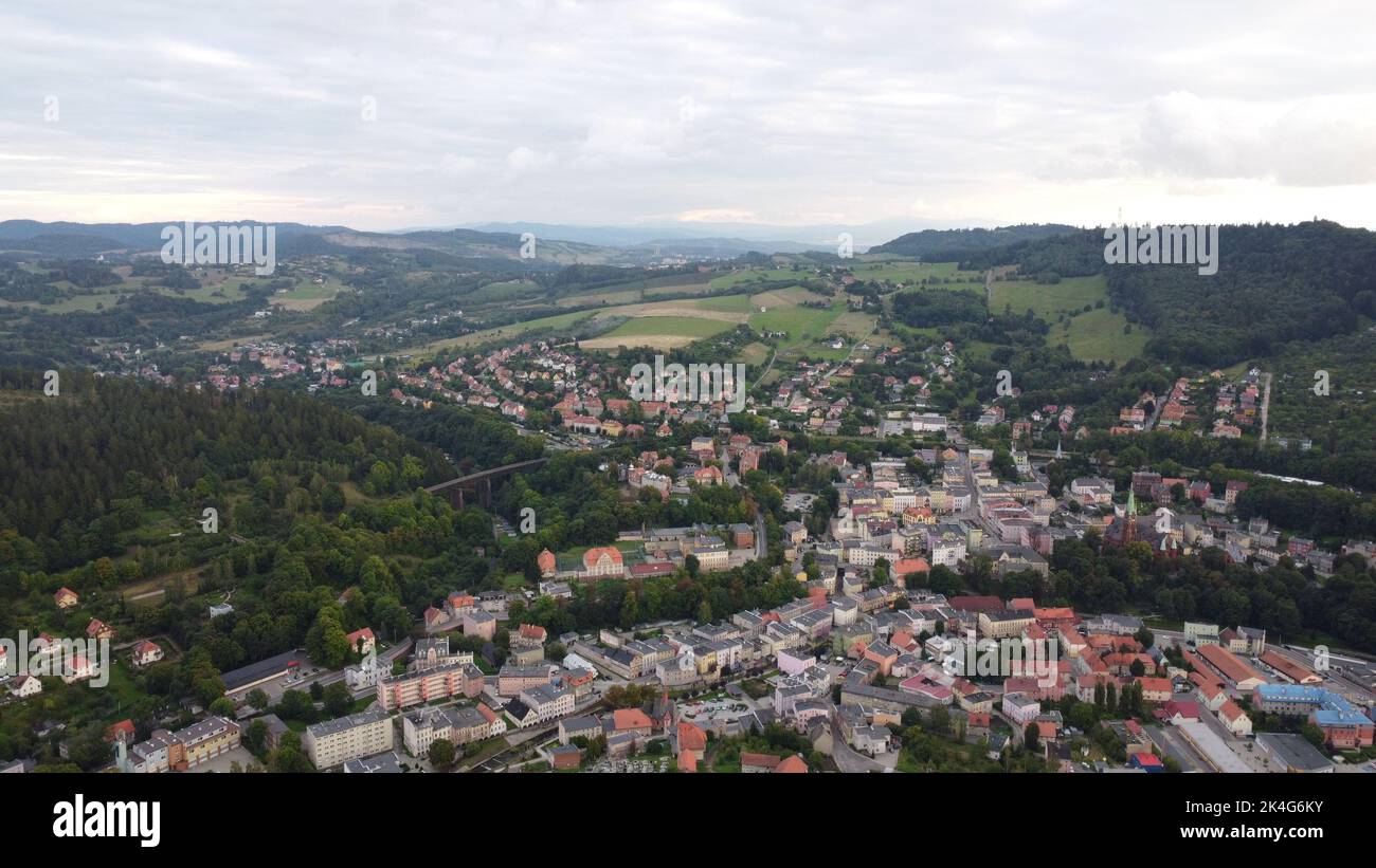 An aerial view of the small Polish city of Nowa Ruda along the ...