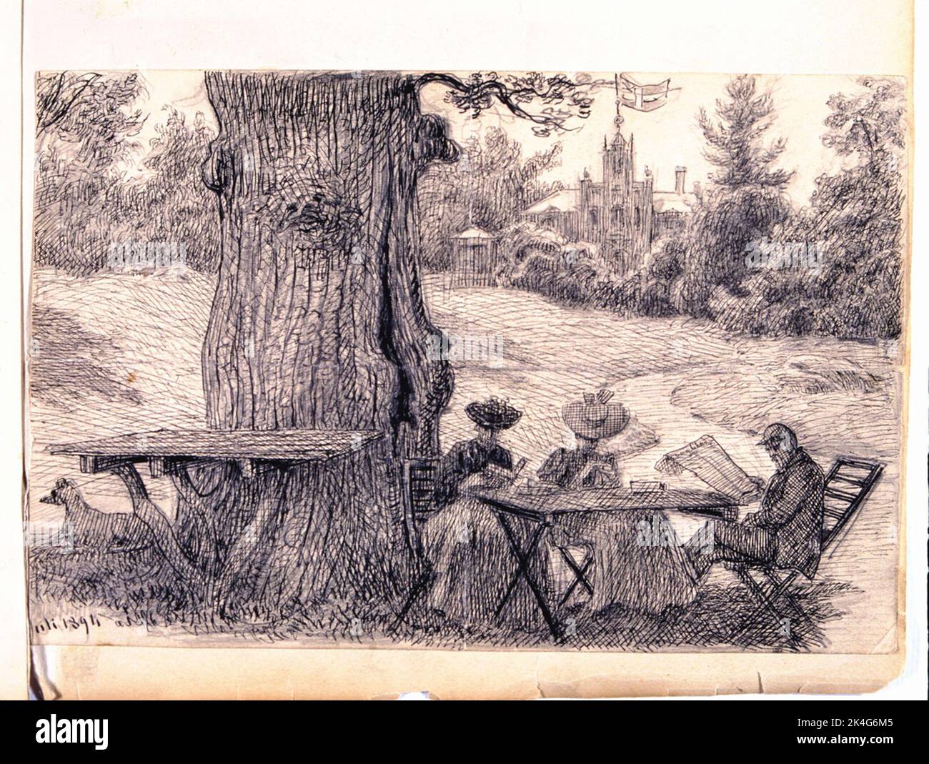 Montebello, July 1894. Two women and one man read under one oak ...