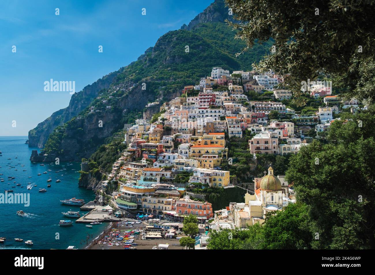 An aerial view of the beautiful houses on the coast of Positano, Italy ...
