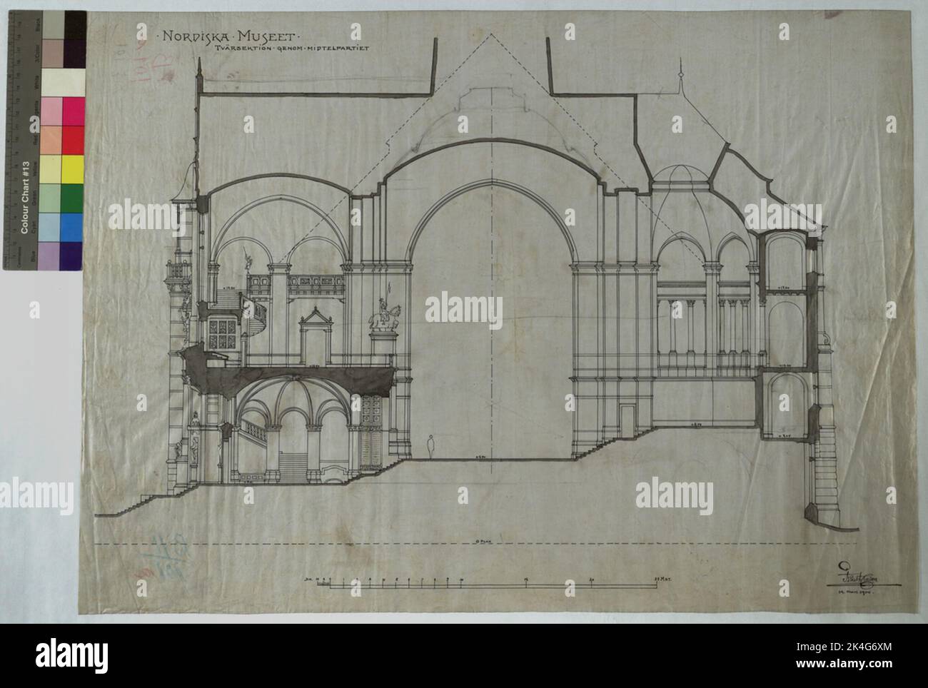 Drawing on weave over the main building of the Nordic Museum. Cross ...
