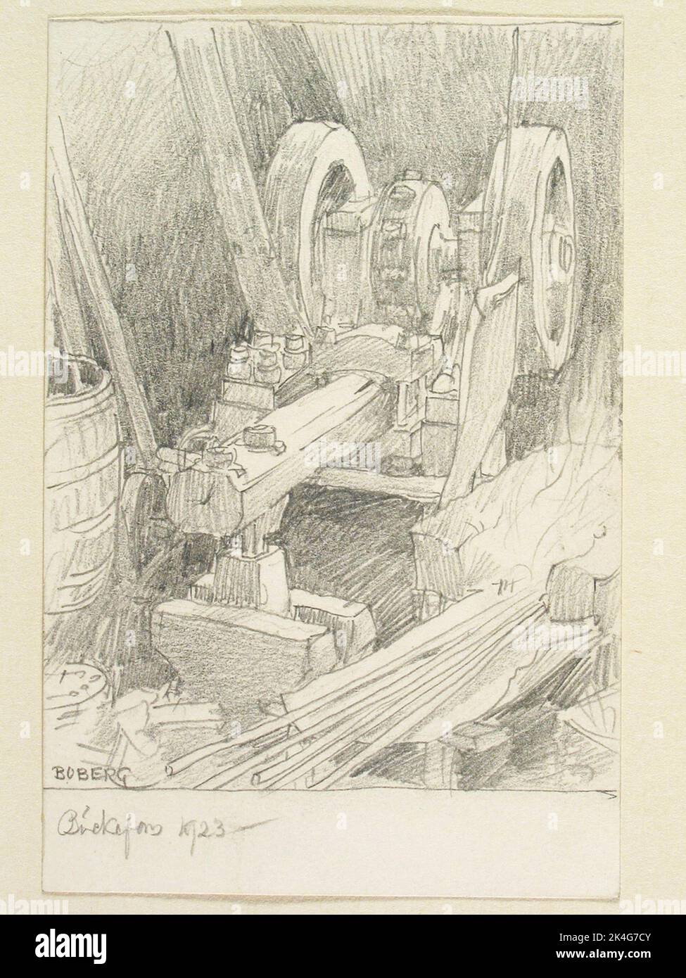Dalsland, Bäckefors. Interior of forge. Drawing by Ferdinand Boberg ...