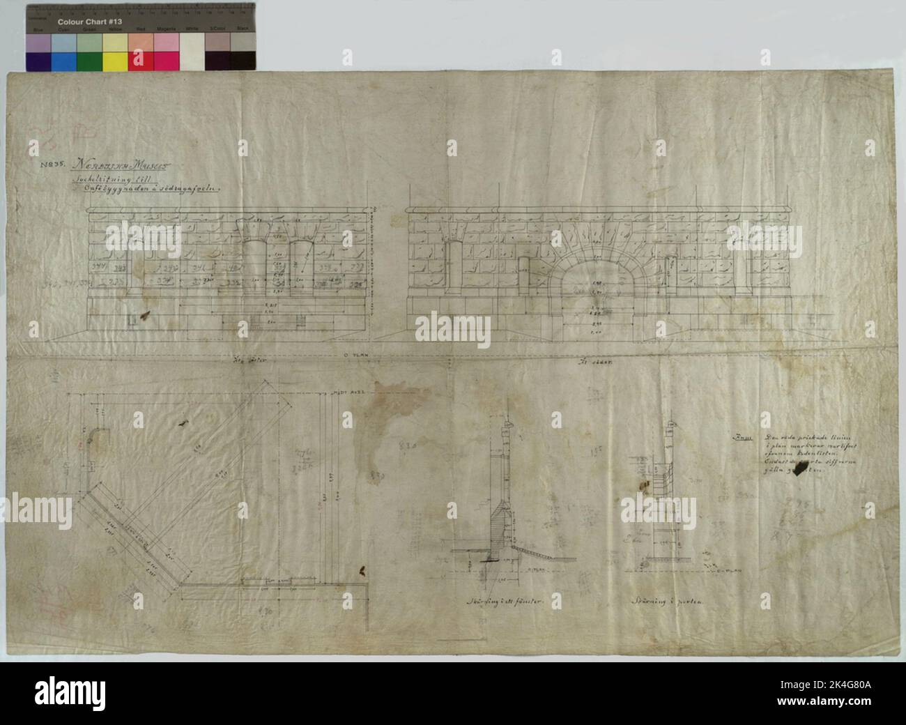 Drawing on weave over the main building of the Nordic Museum. Socket ...