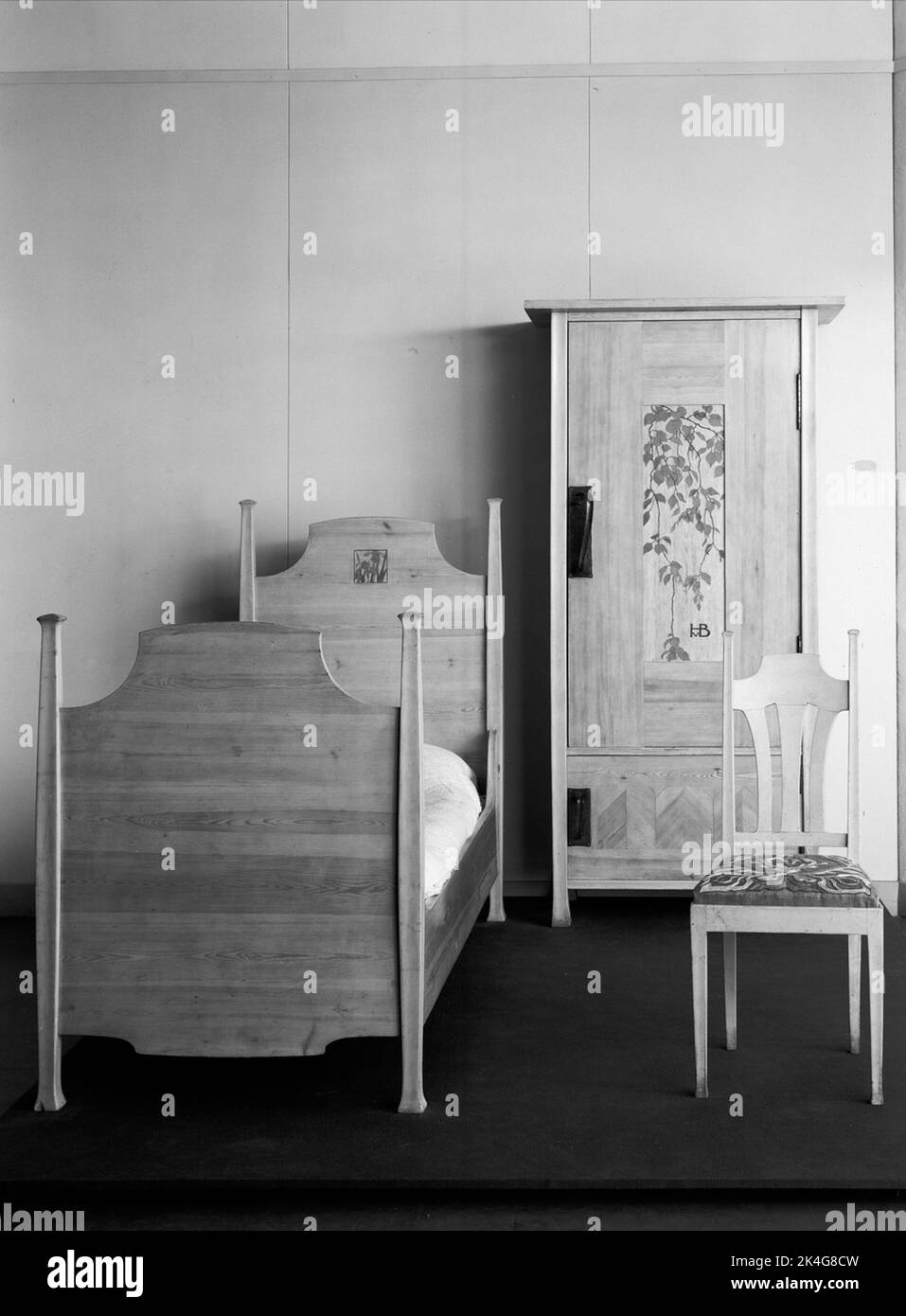 Bed and cabinet of pine, chair of birch, white glazed with pickled ...