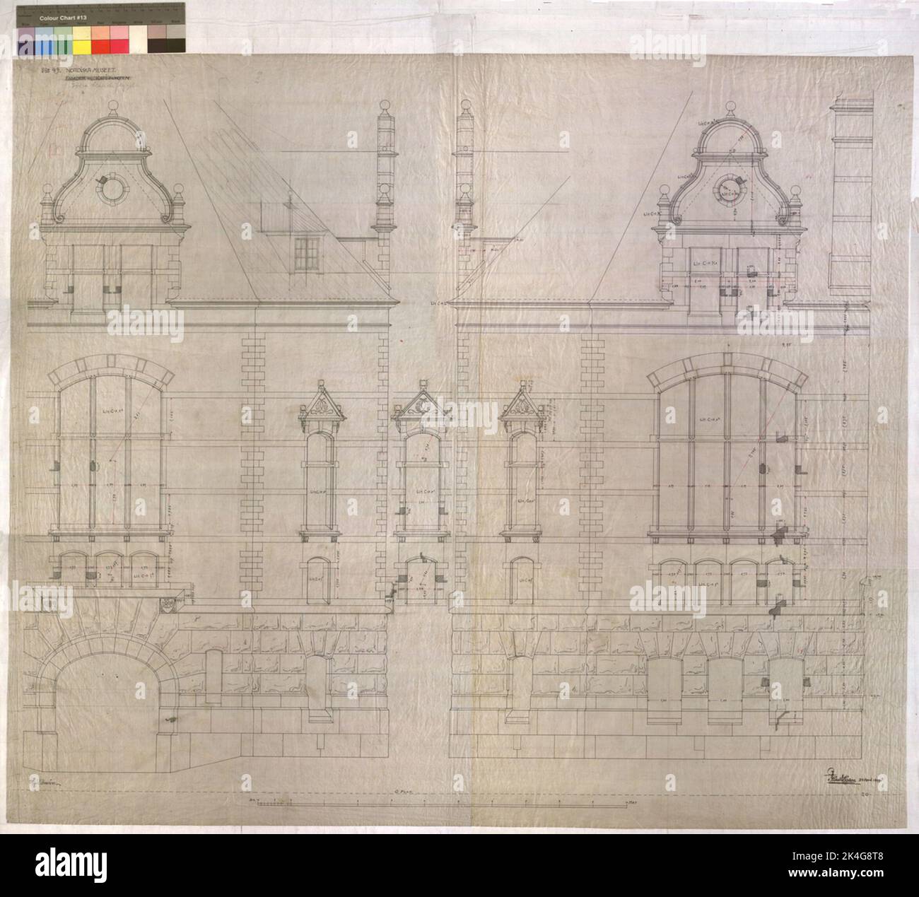 Drawing on weave over the main building of the Nordic Museum. Facades ...