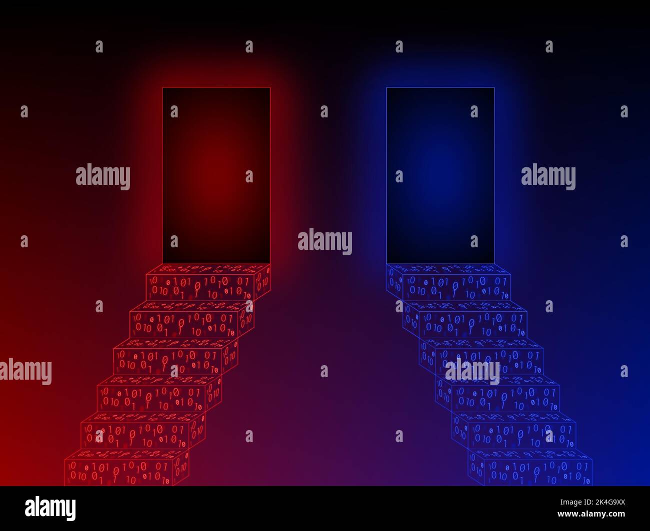 Tunnels in the ends of 2 stairs blue and red from binary code. Science ...