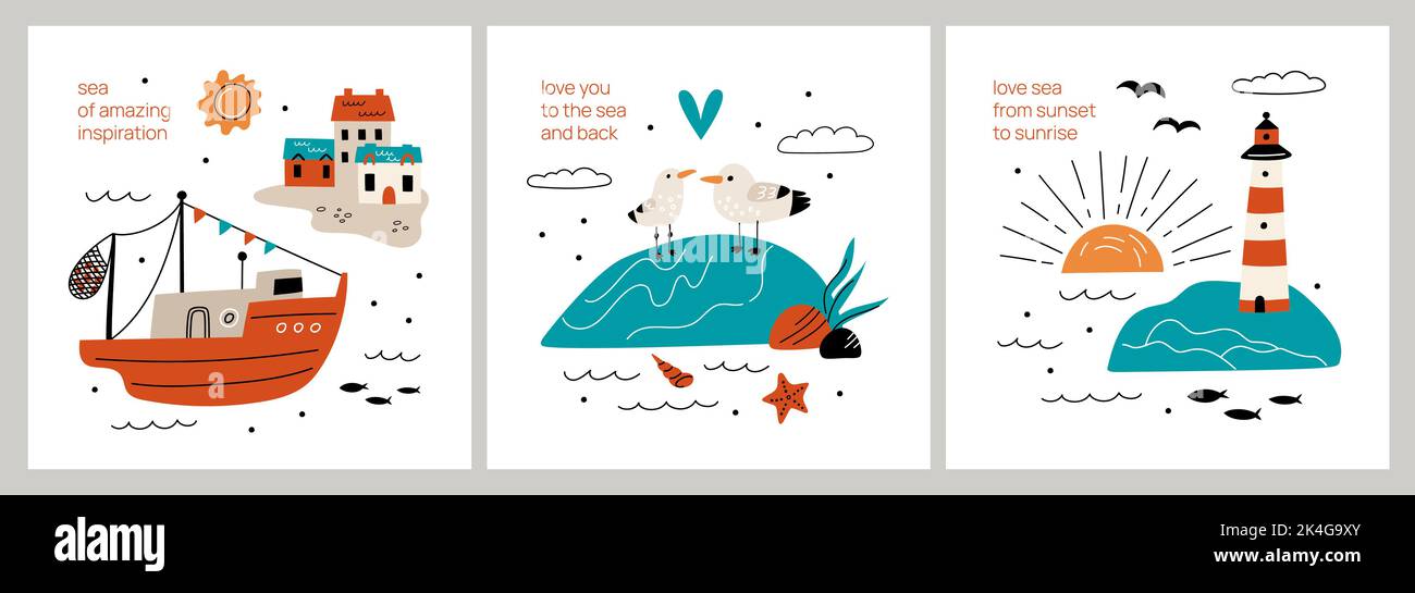 Cartoon sea life cards. Ocean travel. Resort town elements. Cute marine ...