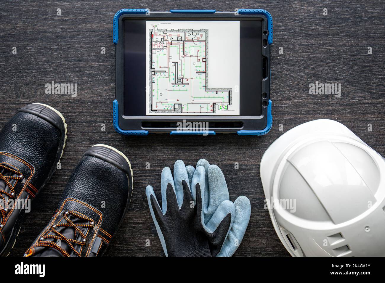 Composition with digital tablet and electrician work items Stock Photo ...