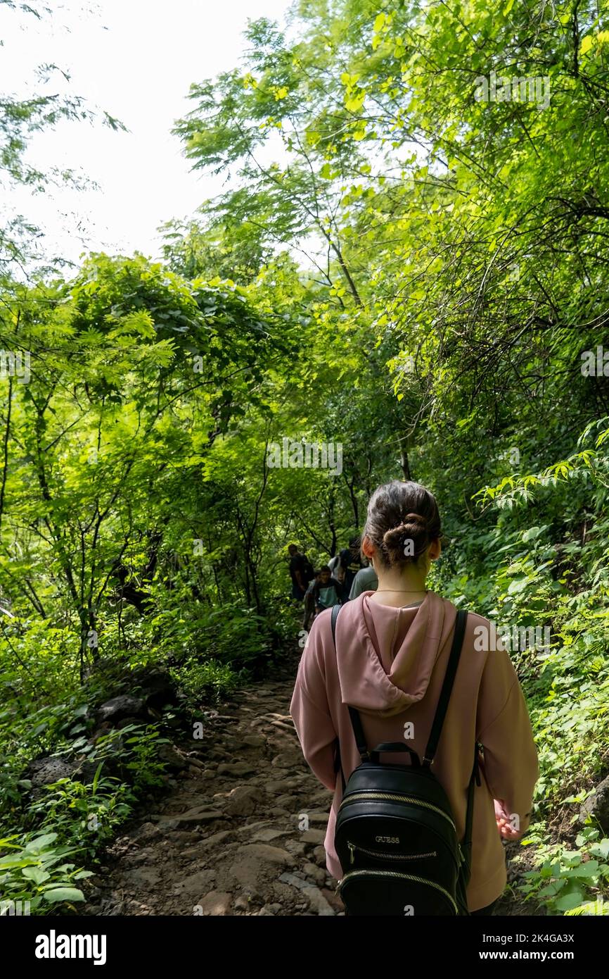 young woman descending in the ravine, vegetation and trees, huentitan ...