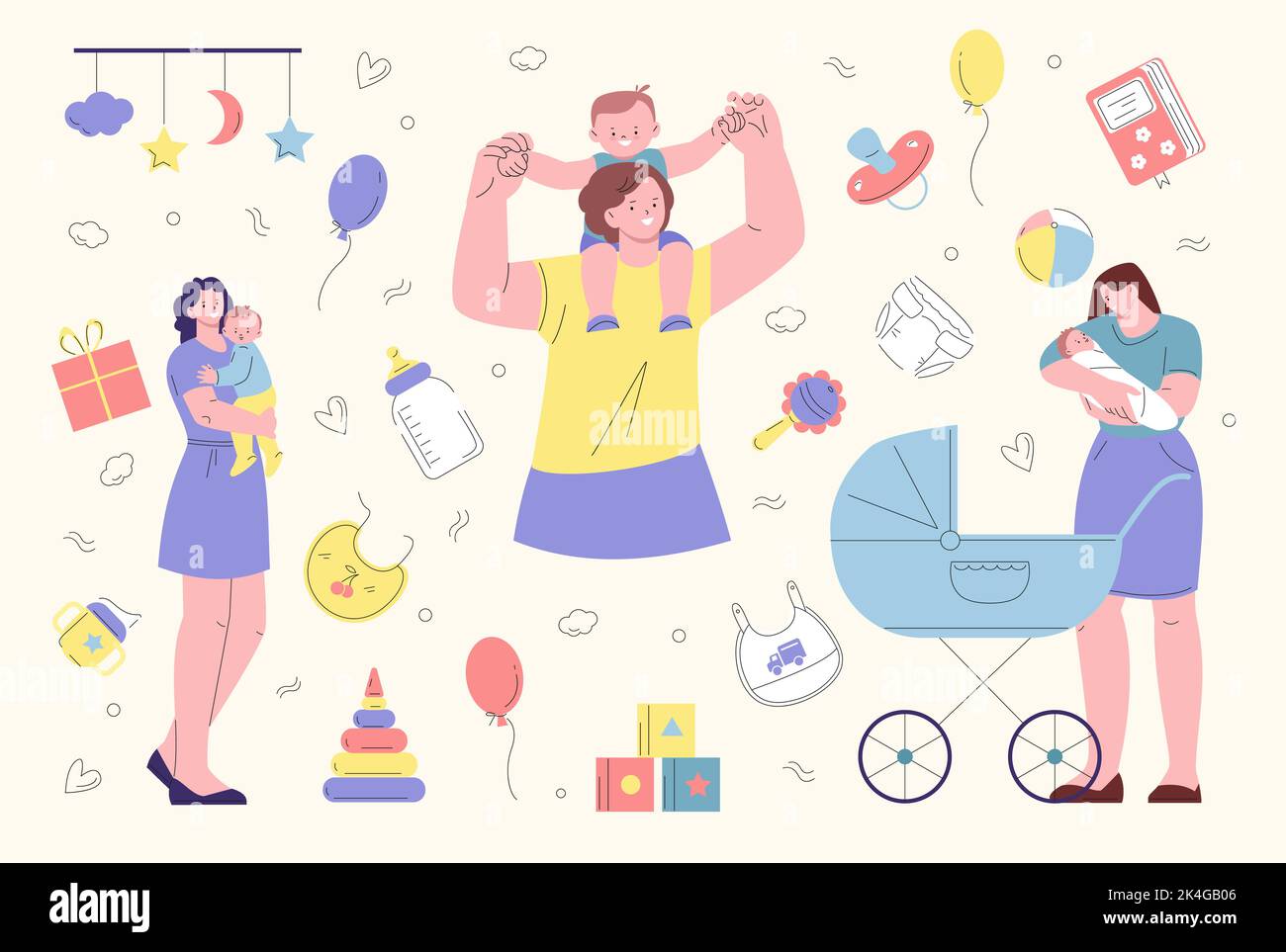 Motherhood scenes and baby elements. Woman hold newborn, breastfeeding ...