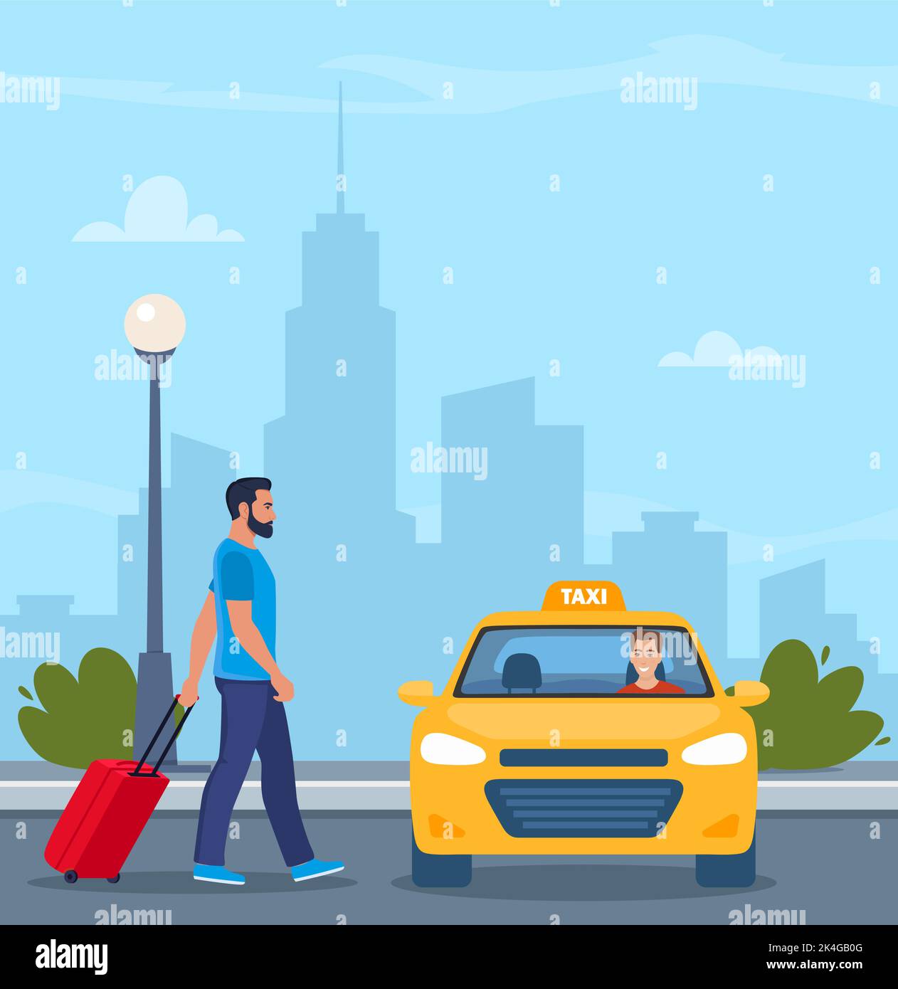 Man with a suitcase take taxi. Urban background. Yellow Taxi Car, front ...
