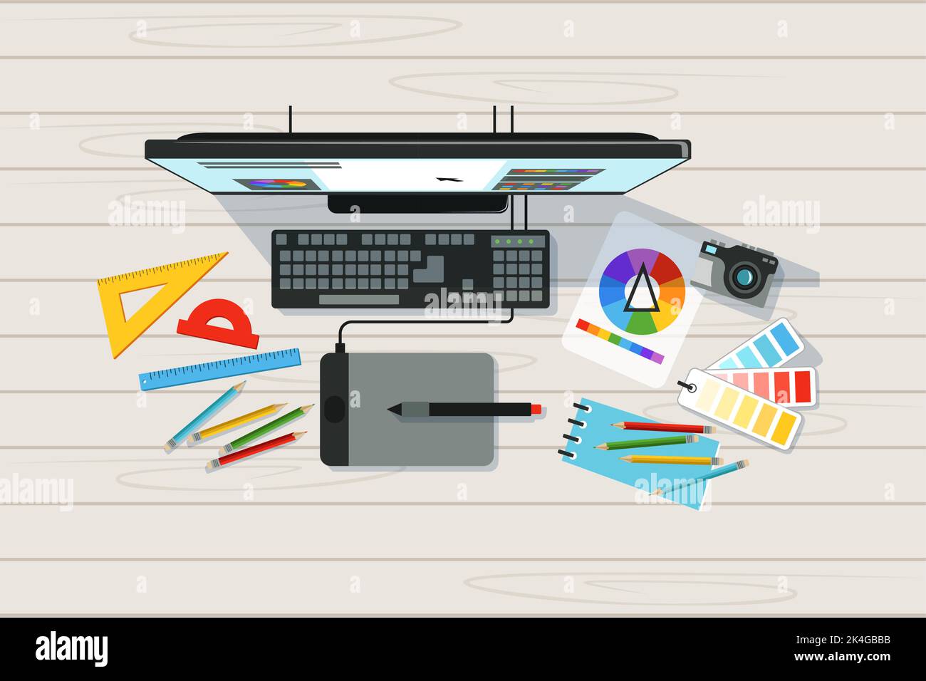 Designer workplace. pc painter tablet pencils color pallete. Vector ...
