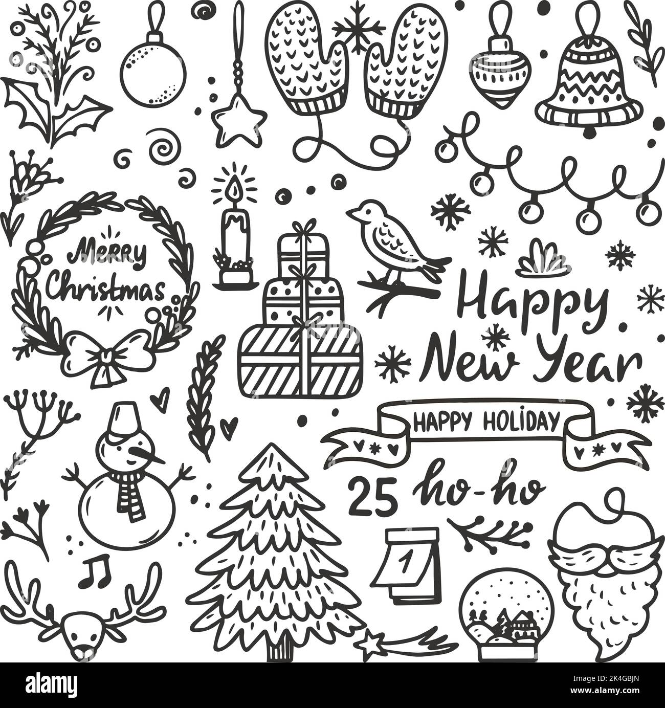 Doodle christmas isolated holiday elements. Holly xmas winter plants ...