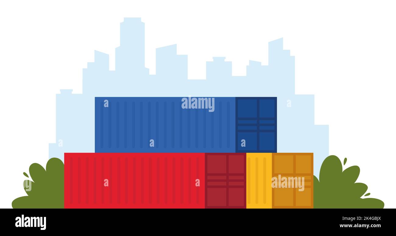 Stack of colorful cargo containers on urban background. Freight ...