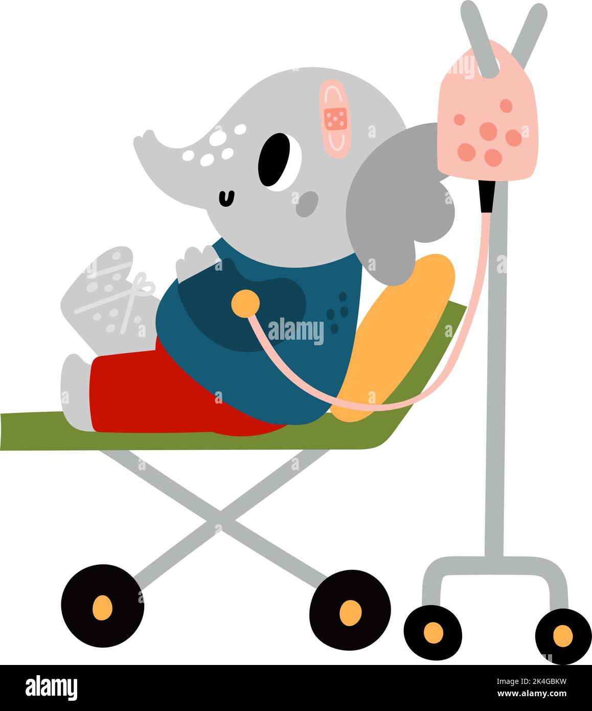 Cute patient animal. Sick cartoon character. Elephant on medical gurney ...