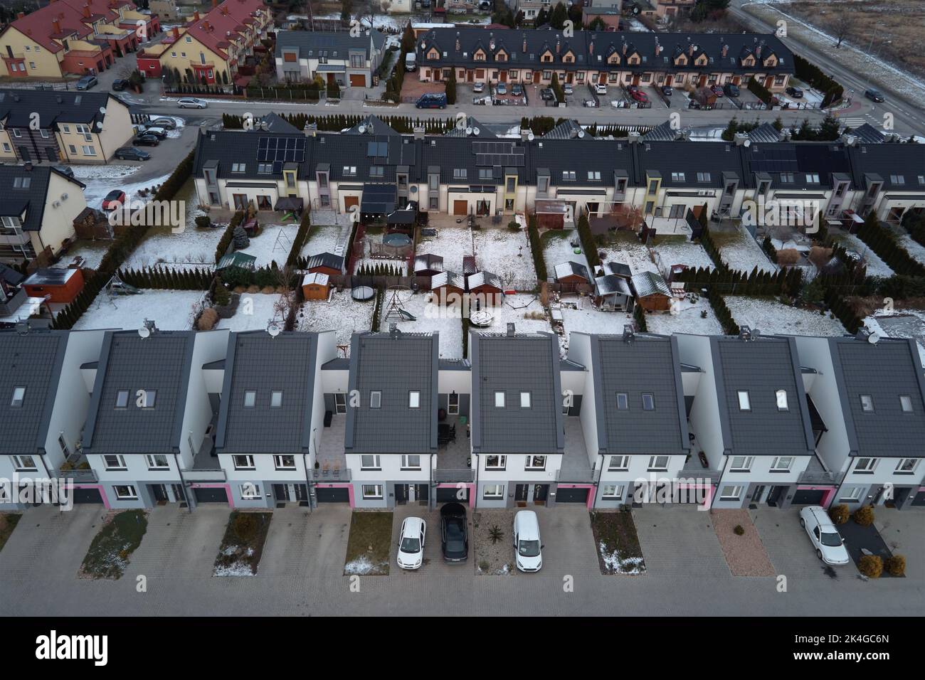 Winter season in Europe town, aerial view. Residential neighborhood ...