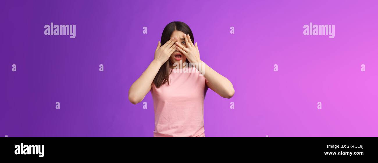 Shocked concerned asian girl witness terrible crime feel insecure ...