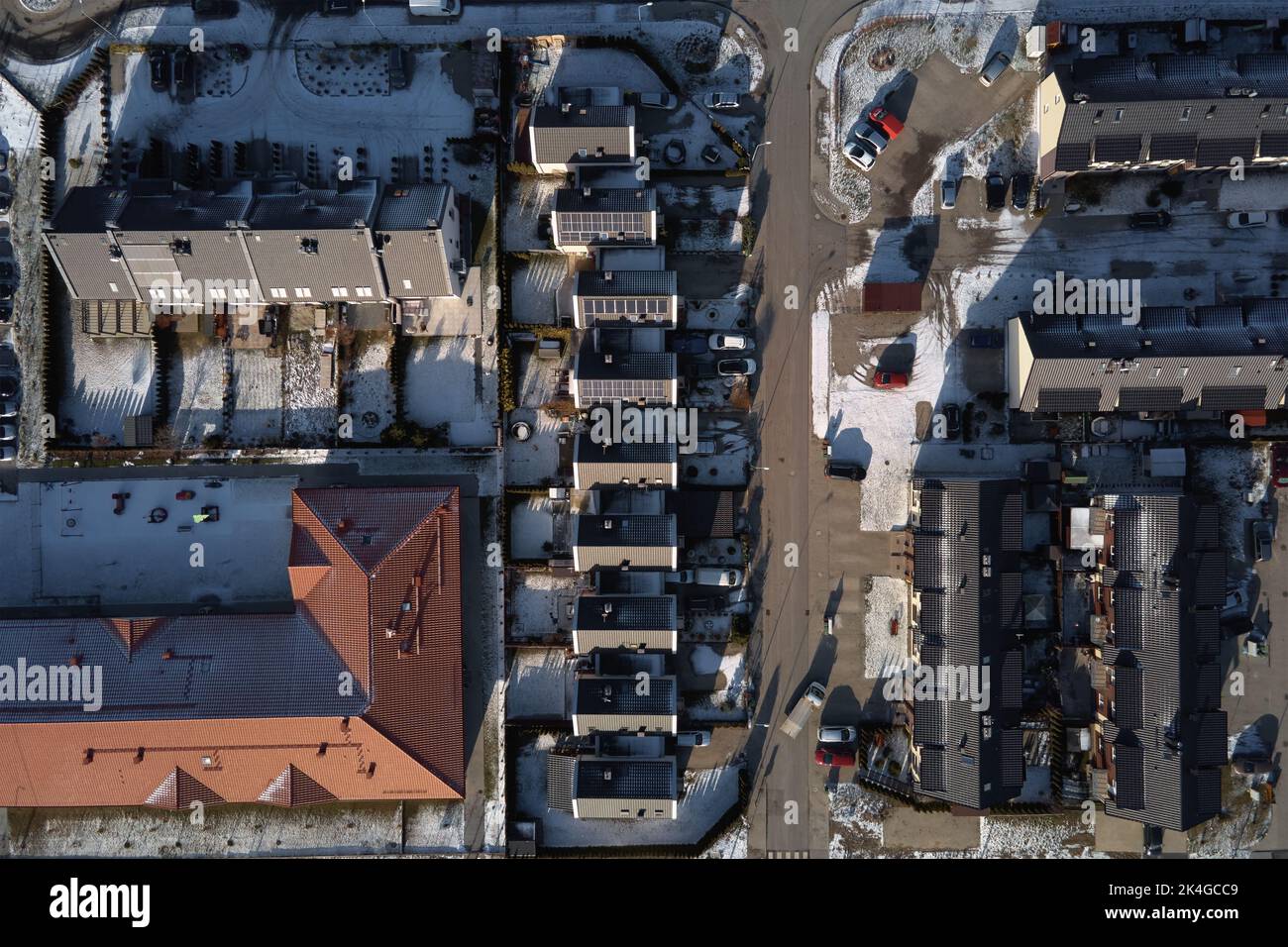 Winter season in Europe town, aerial view. Residential neighborhood ...