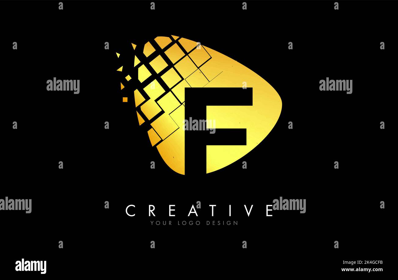 Letter F Design with golden Shattered Blocks Vector Illustration. Pixel ...