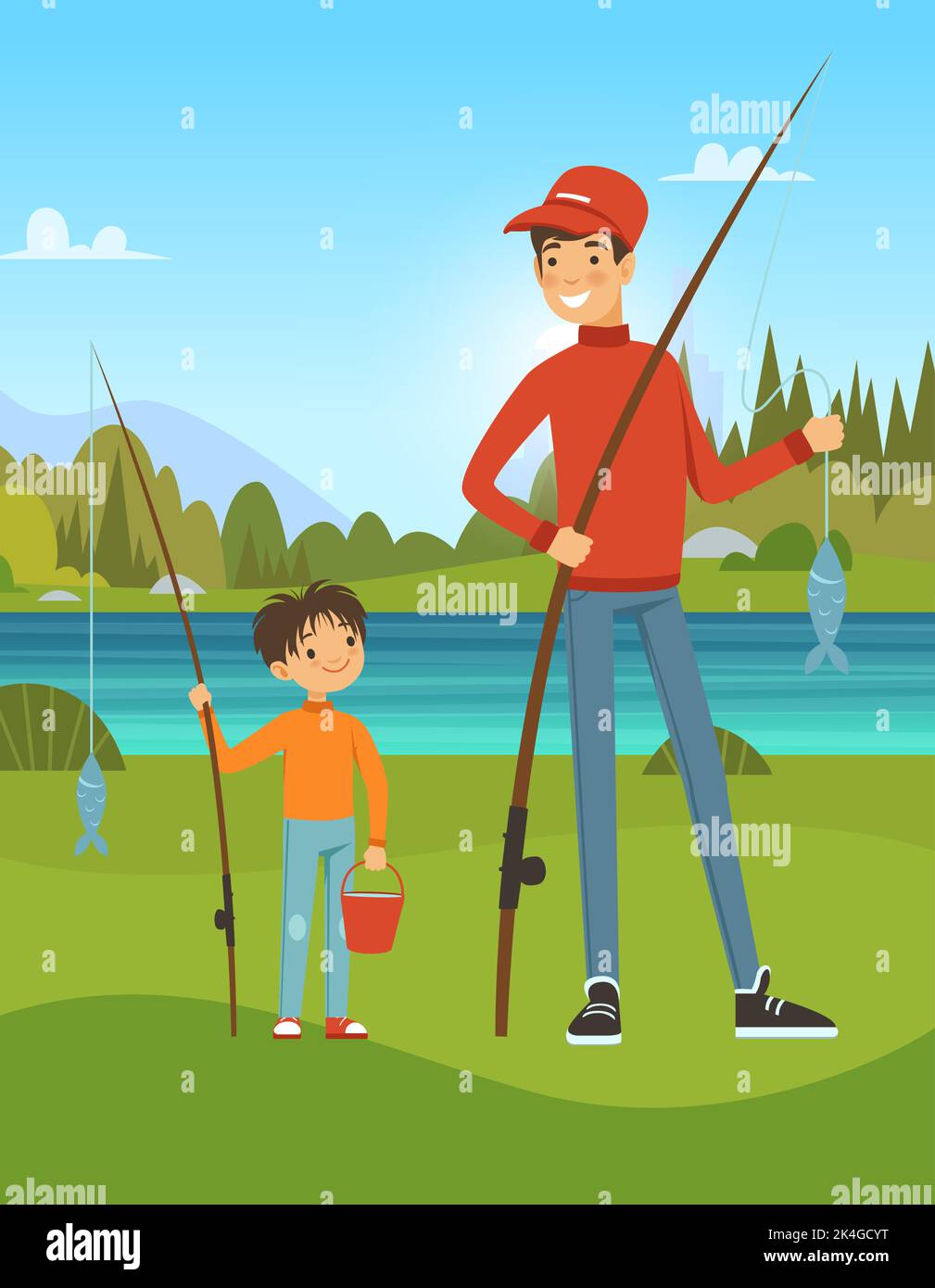 Family fishing. son and father outdoor fishing and spend time together ...