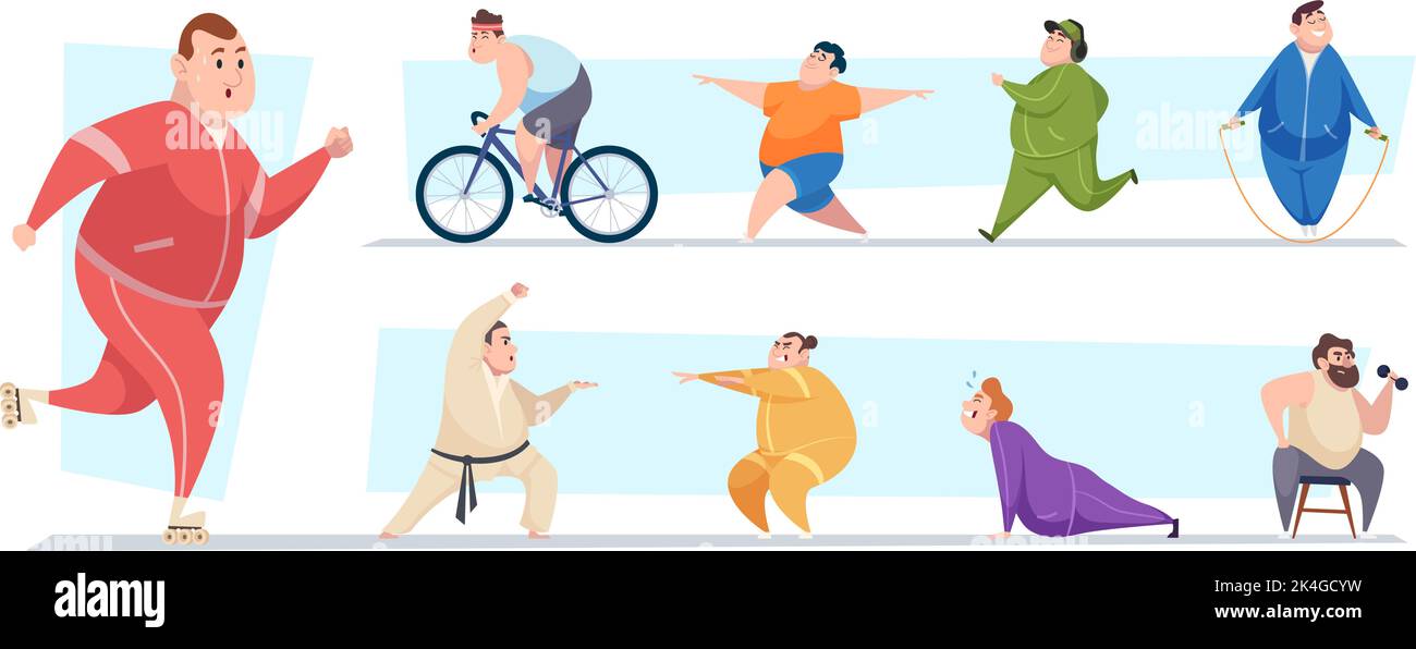 Fat characters. Outdoor sport active people fitness activity in gym fat ...