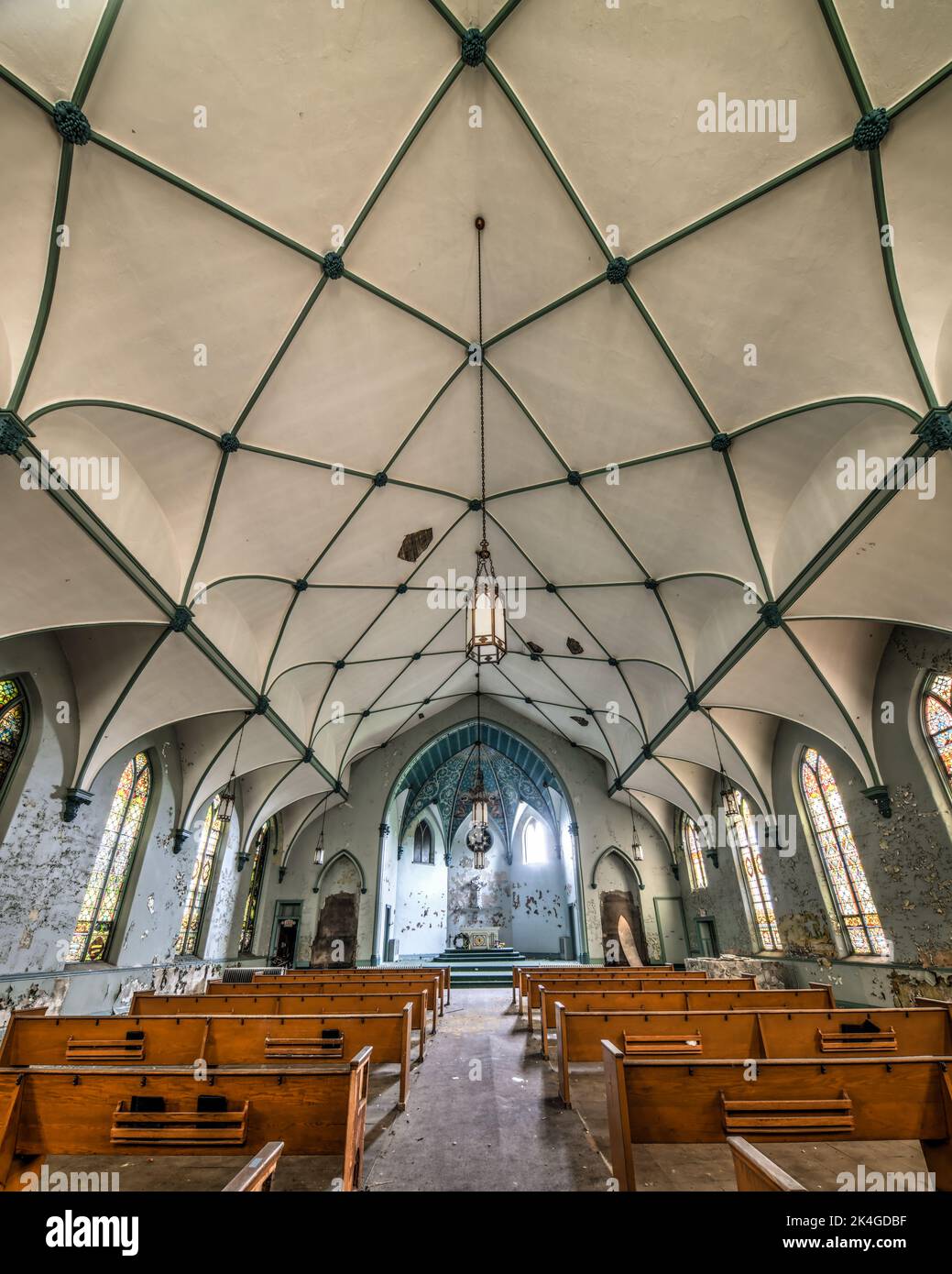 Abandoned church with spider ceiling Stock Photo - Alamy