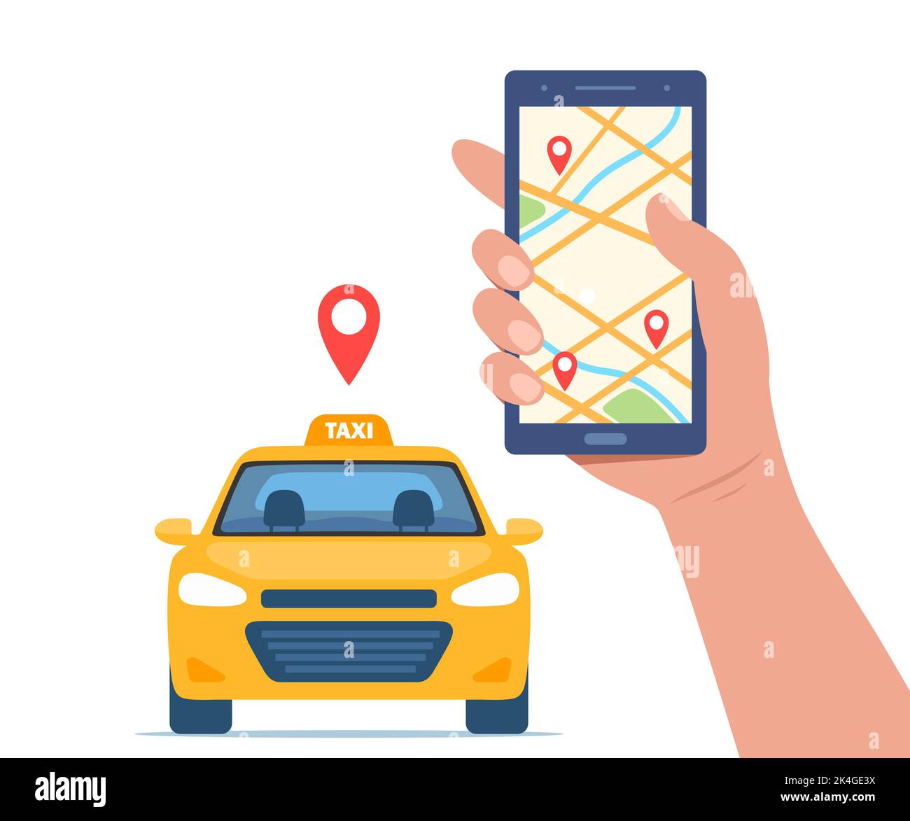 Yellow Taxi Car, front view. Taxi mobile ordering service app concept ...