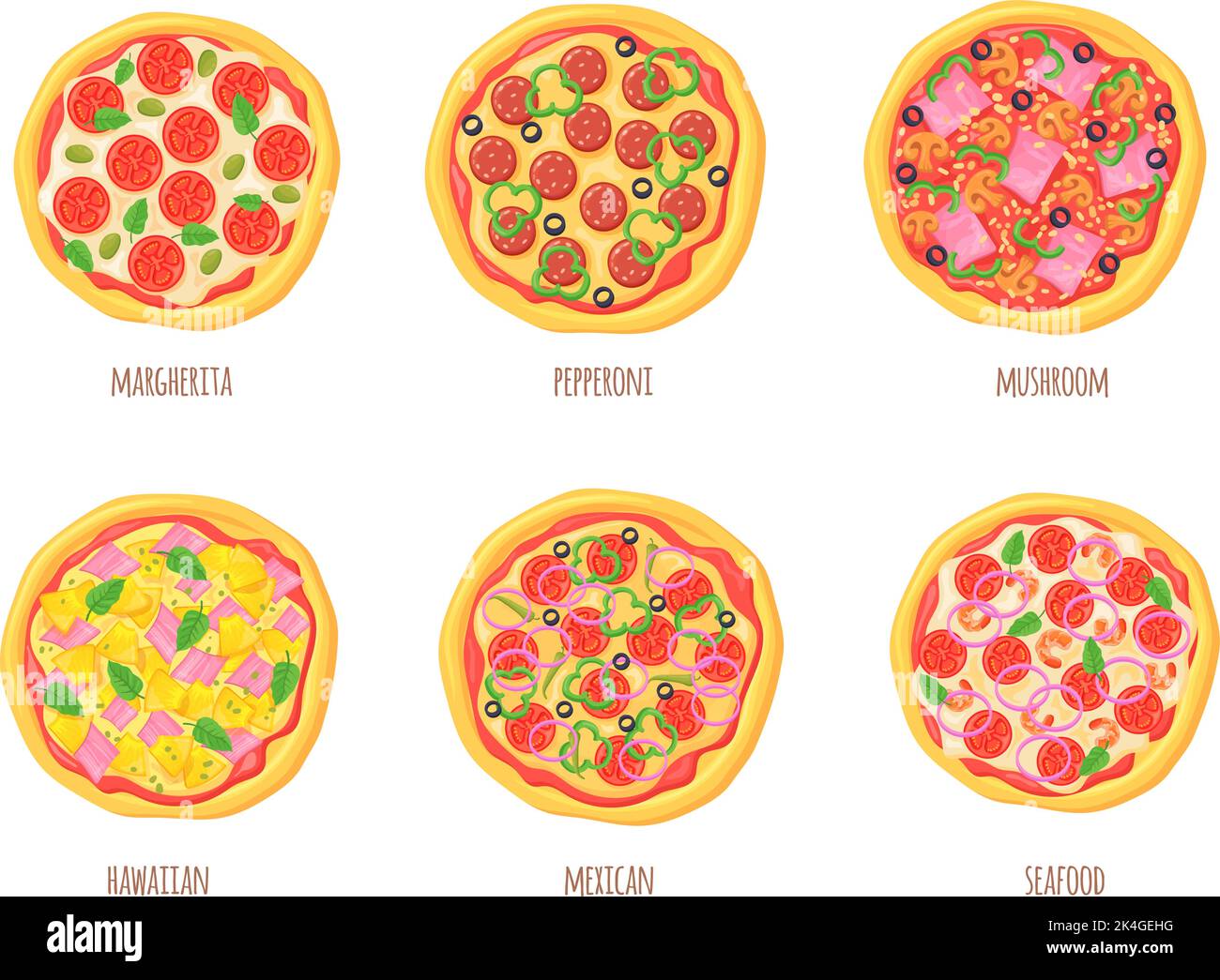 Cartoon pizza top view. Italian or hawaiian pizzas with toppings, slice ...
