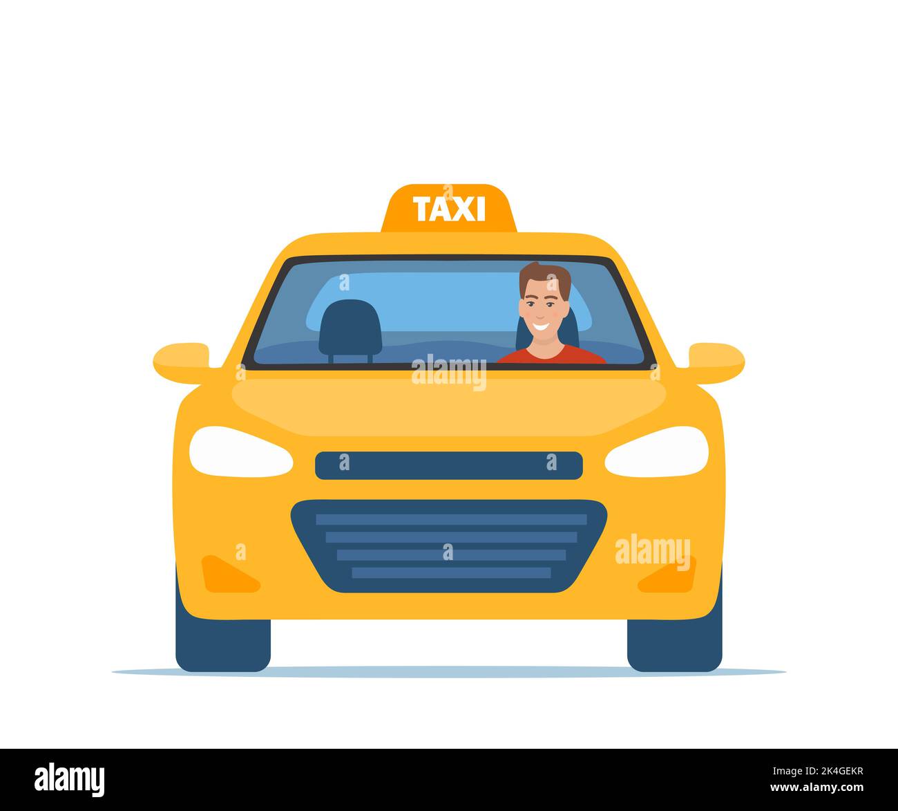 Yellow Taxi Car, front view. Taxi with smiling man driver. Vector ...