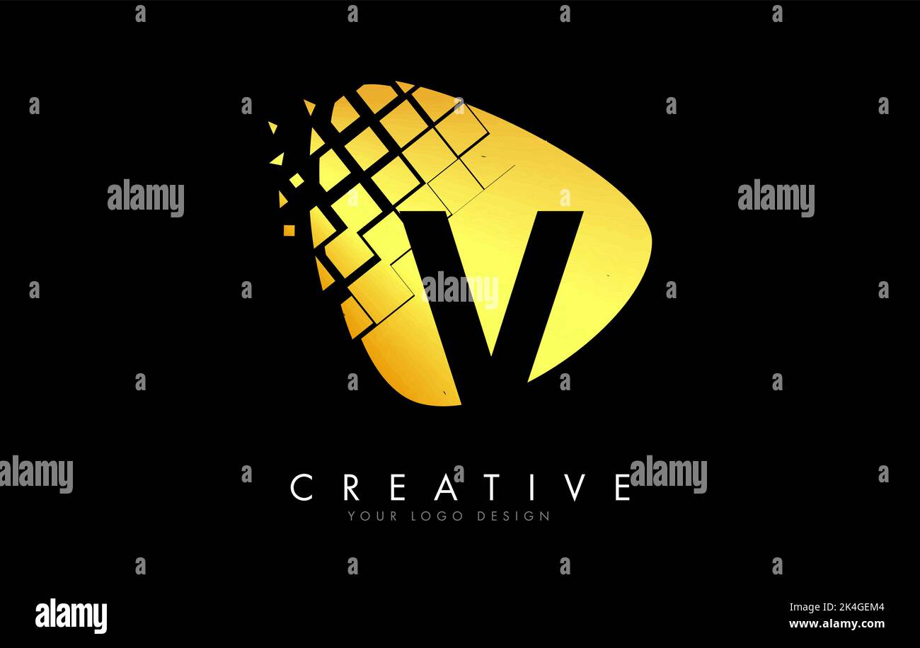 Letter V Design with golden Shattered Blocks Vector Illustration. Pixel ...