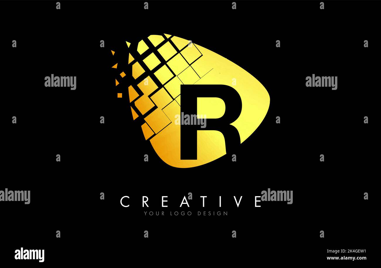 Letter R Design with golden Shattered Blocks Vector Illustration. Pixel ...
