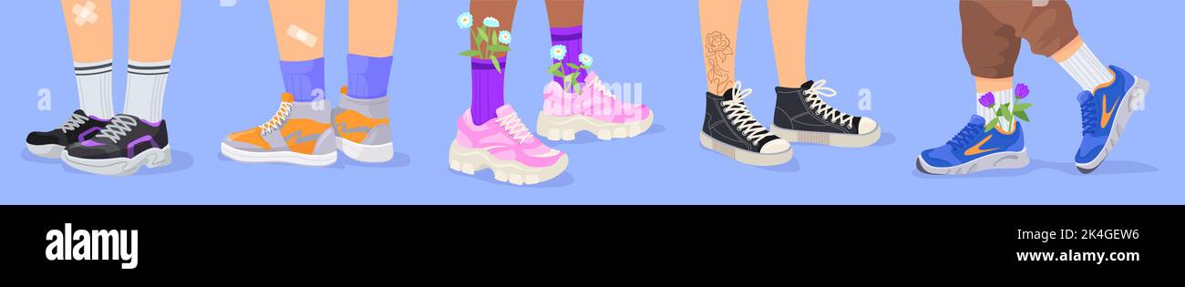 Cartoon feet in sneakers. Human legs wearing colorful sports sneaker ...