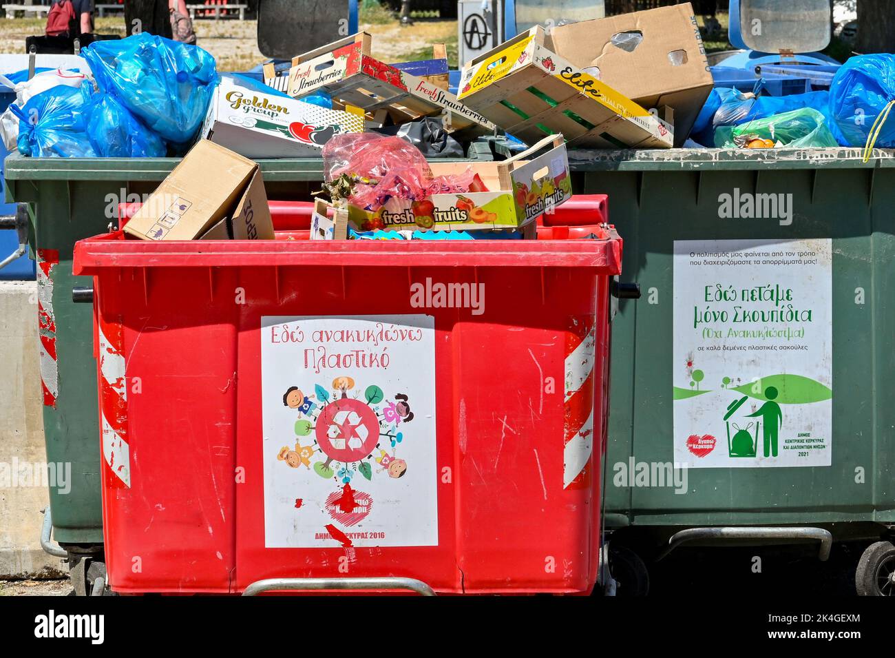 Corfu, Greece - June 2022: Industrial waste bins overflowing with ...