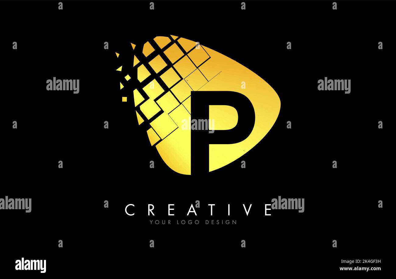 Letter P Design with golden Shattered Blocks Vector Illustration. Pixel ...