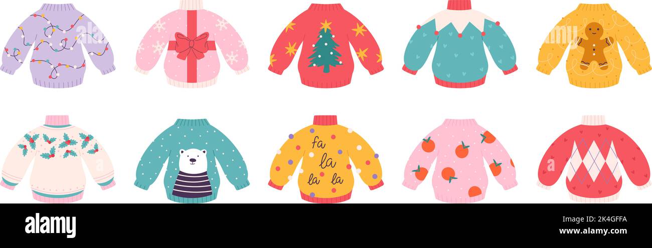 Ugly sweater, christmas funny pullovers with ornamental decor. Cartoon ...