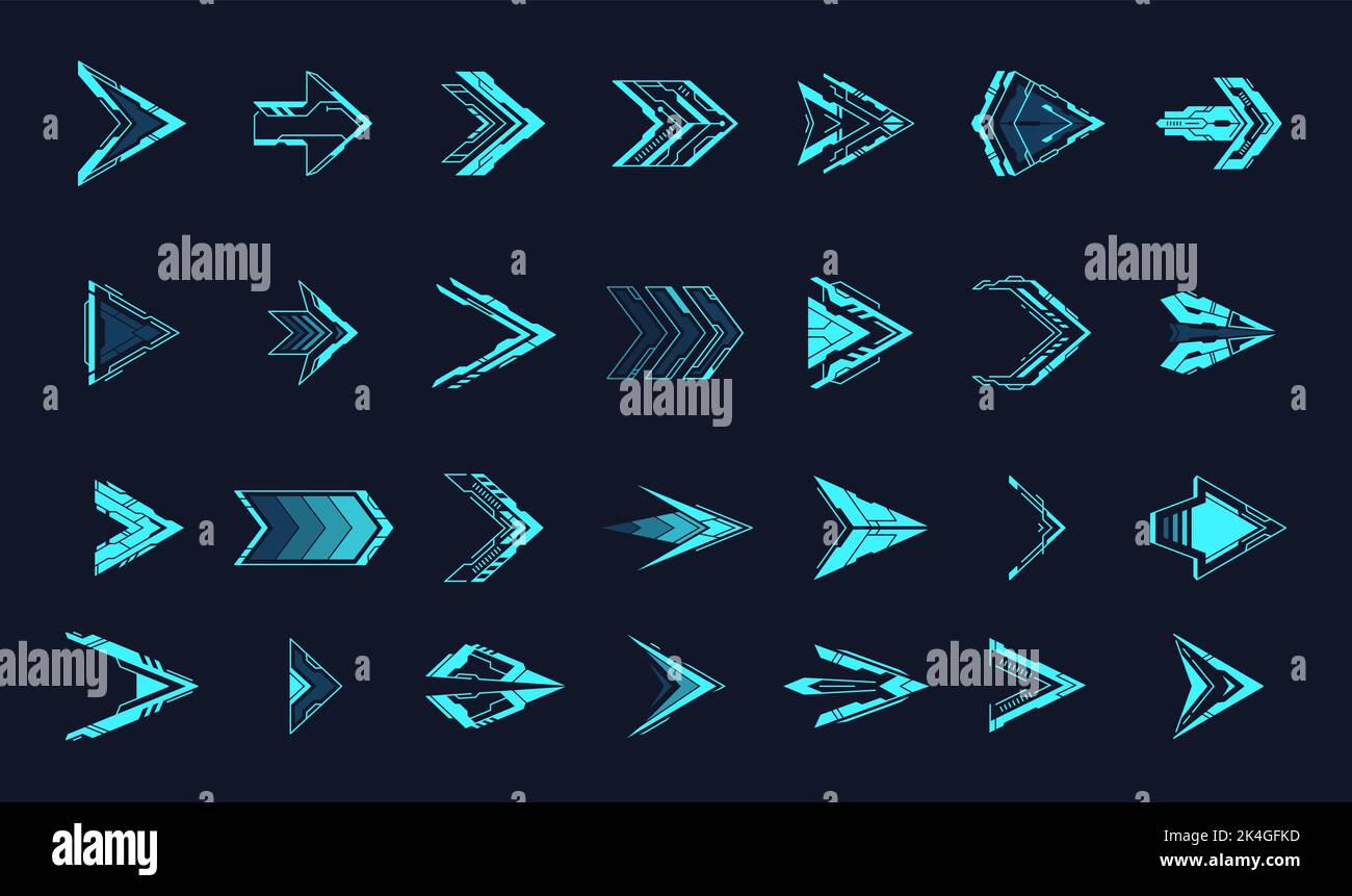 Hud arrows. Hologram sci-fi arrow or futuristic light triangle pointers, digital directional ...