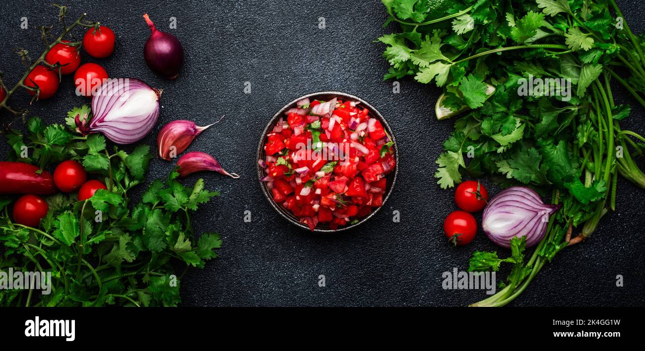 Mexican food. Spicy salsa sauce with tomatoes, chili peppers, onion ...