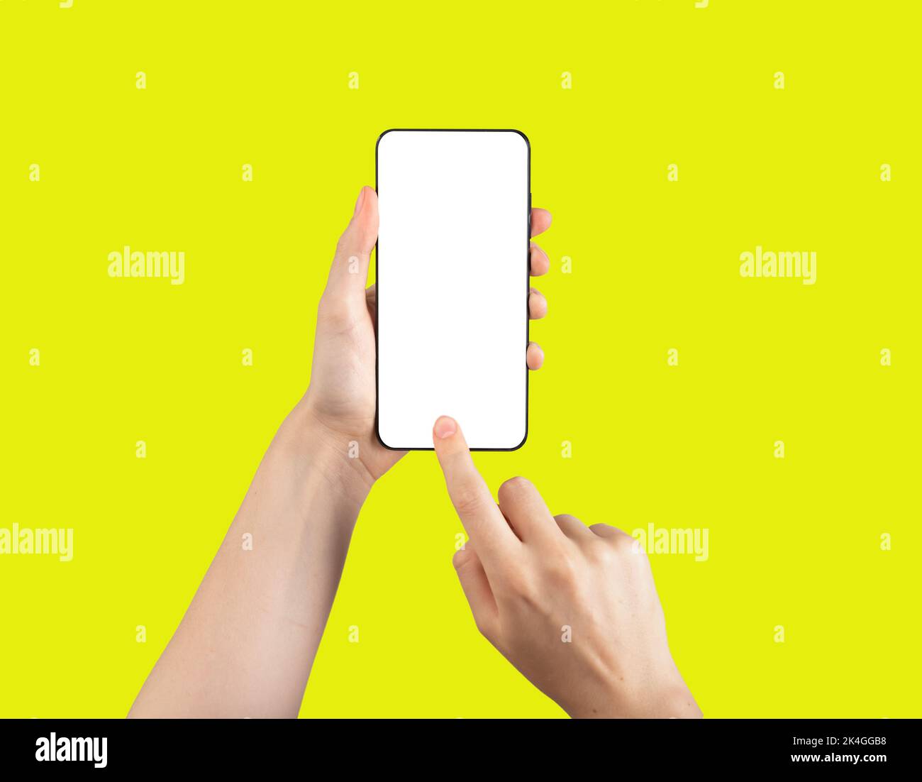 Mobile phone screen mockup in hand, finger pressing, clicking on ...