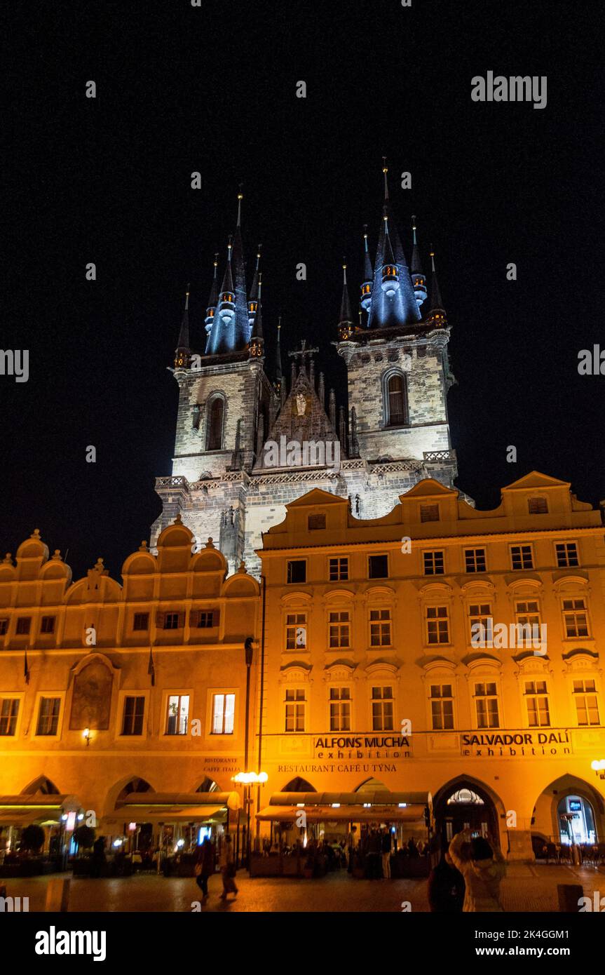 Gothic spires of Tyn Cathedral in Old Town Square, Prague, Czech ...
