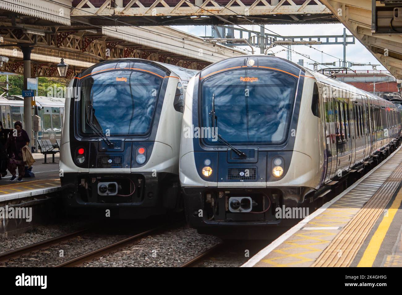SLOUGH, ENGLAND- 11 September 2022: Elizabeth Line trains at platforms ...