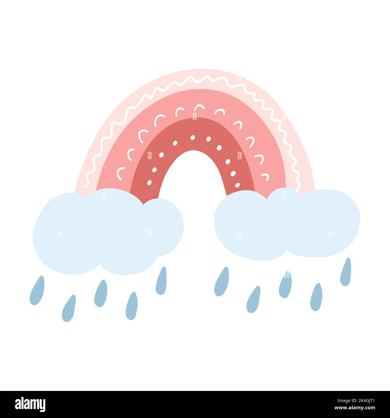 Hand drawn cute cartoon rainbow with cloud and raindrops. Vector ...