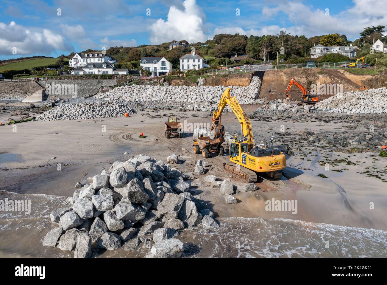 COVERACK, CORNWALL, UK - SEPTEMBER 23, 2022. Mechanical diggers on a ...