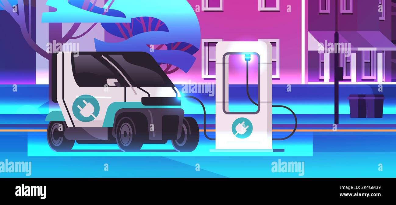 electric smart city car charging battery vehicle at recharging power station charger EV ...