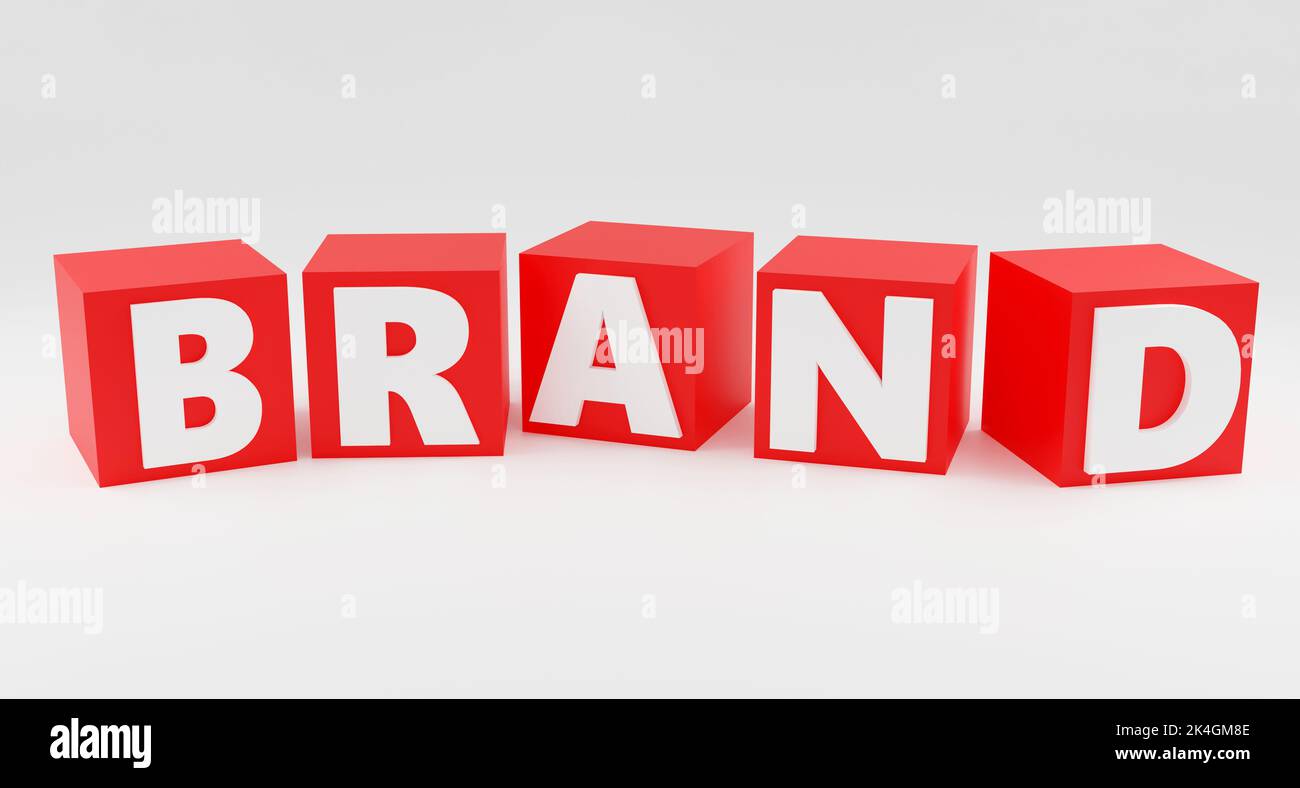 3d rendered word brand over grey background. Branding concept. 3D rendering illustration, red ...