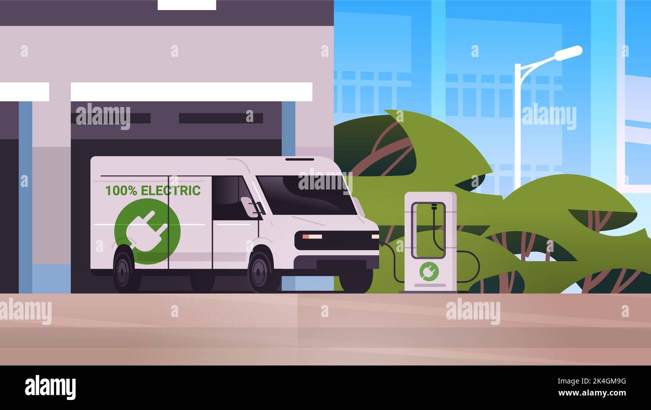 electric cargo van charging battery vehicle at recharging power station ...