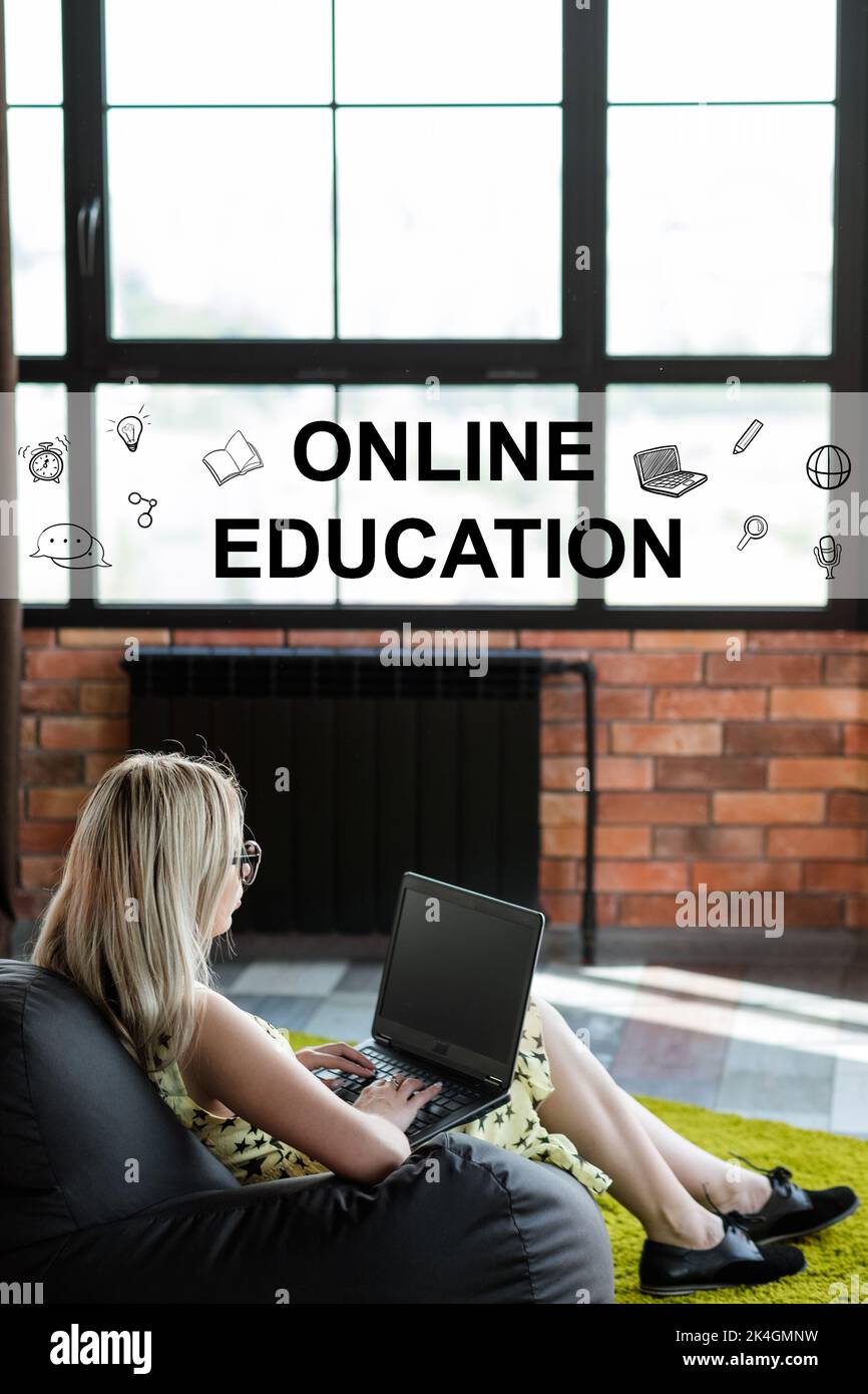 Remote study. Online education. Language course. Digital class. Relaxed female student watching ...