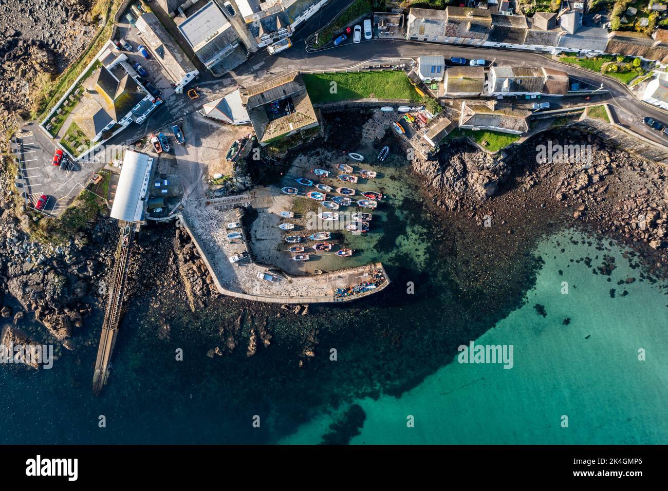 Aerial landscape view directly above the picturesque Cornish fishing ...